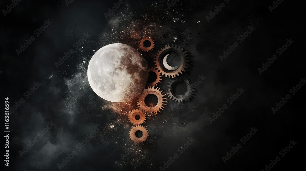 Celestial Mechanics, Moon phases interwoven with clock gears ...
