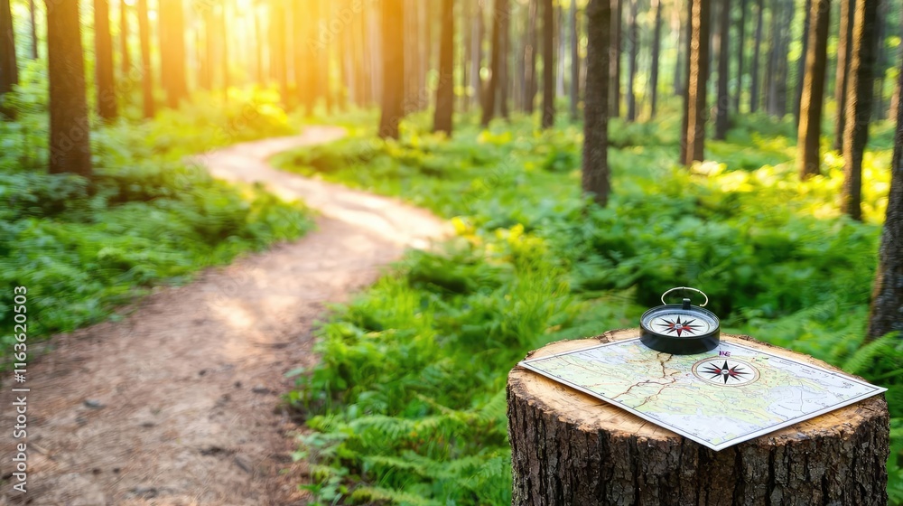Scenery sightseeing concept. A compass and map on a tree stump in a ...