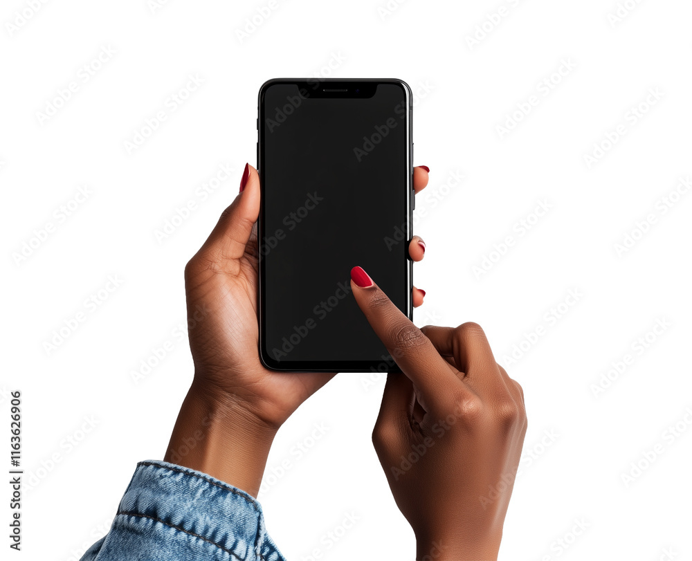 Person with dark skin holding black smartphone, tapping screen, wearing ...