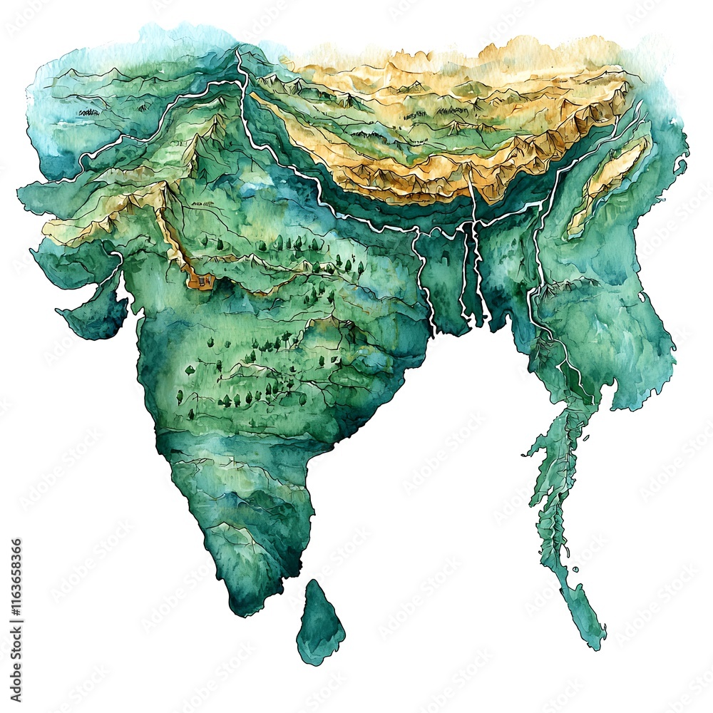 Watercolor Painting of the South Asian Subcontinent, Depicting Diverse ...