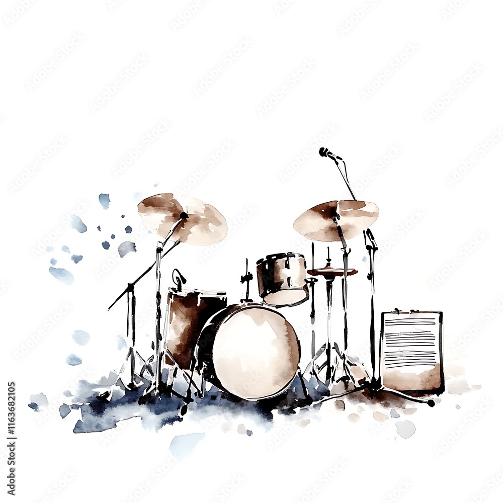 Watercolor Painting of a Drum Kit Set Up on Stage with Sheet Music ...