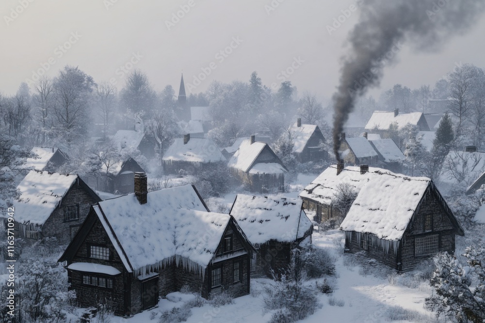 Snow-covered village with smoke rising from chimneys during winter ...