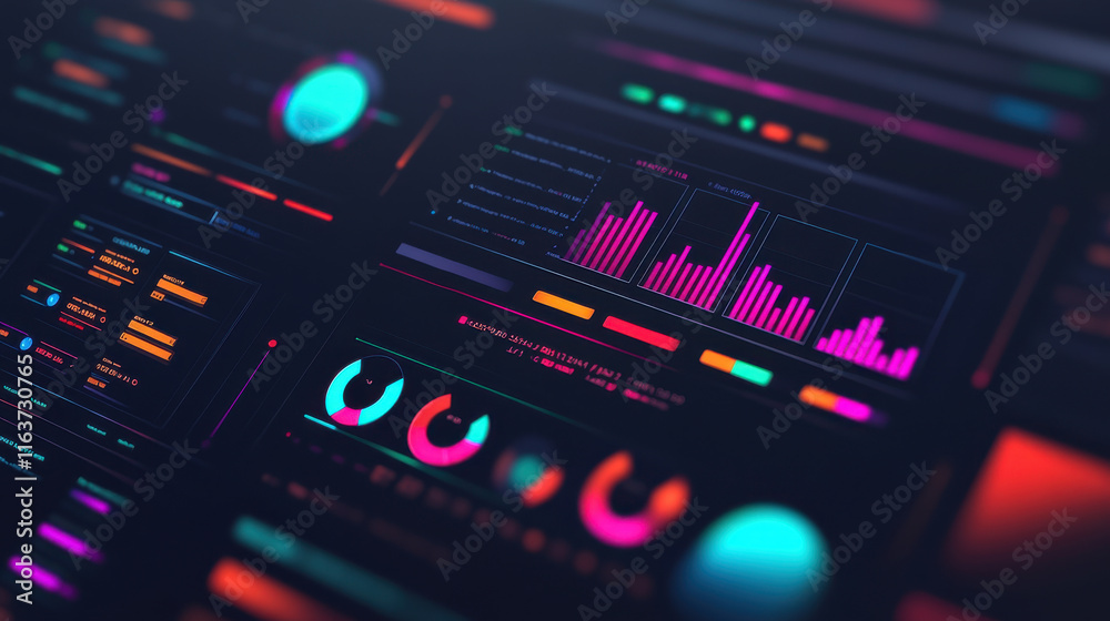 vibrant digital dashboard in 3D floating style features glowing charts and graphs, showcasing ...