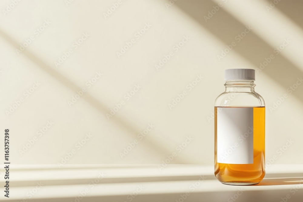 Transparent bottle filled with amber liquid casts unique shadows Stock ...