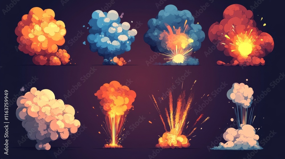 Cartoon dynamite or bomb explosion, fire set. Boom clouds and smoke ...