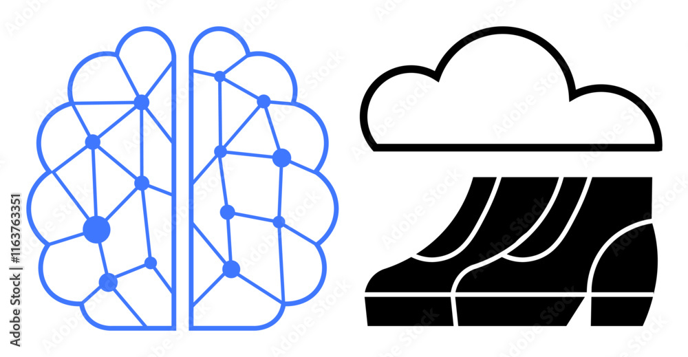 Brain with interconnected nodes beside a cloud with circuit patterns ...