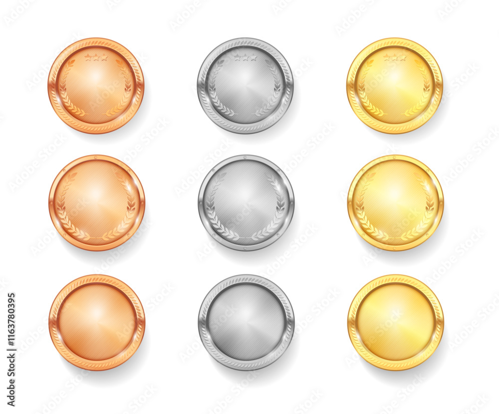 Gold, silver and bronze medals realistic mockup, isolated trophy with ...