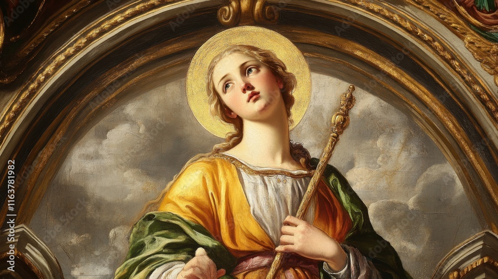 Feast of St Agatha Renaissance art: religious imagery of a saint with a gold halo and staff ...