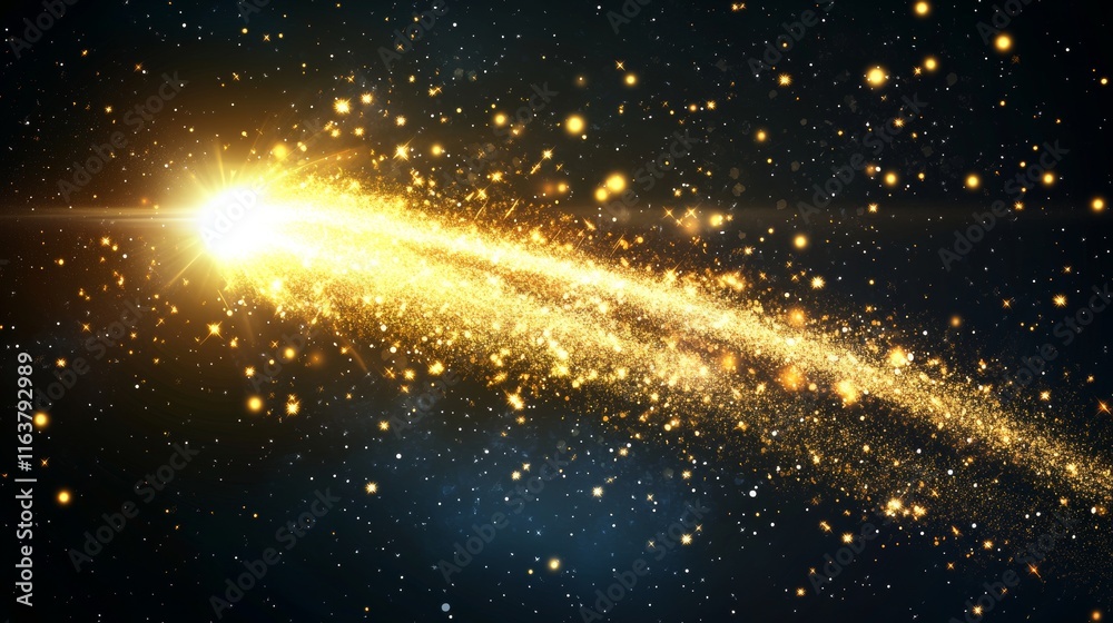 Gold star with curve trail line on dark transparent background ...
