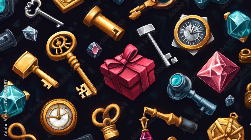 Game icons with key, clock, playing cards, money and gear. Vector ...