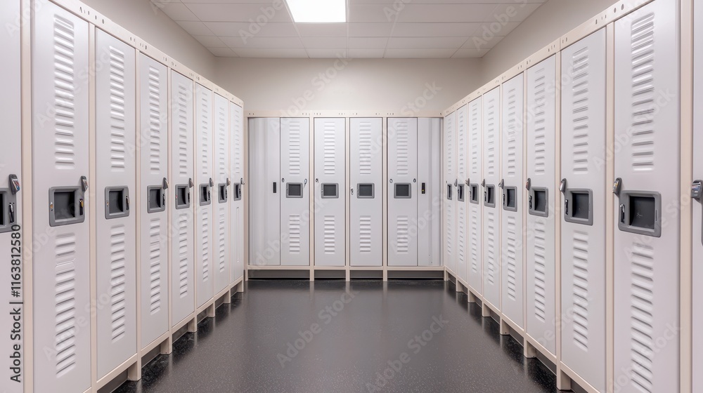 Modern Locker Room with White Metal Lockers in Gym Environment Stock ...