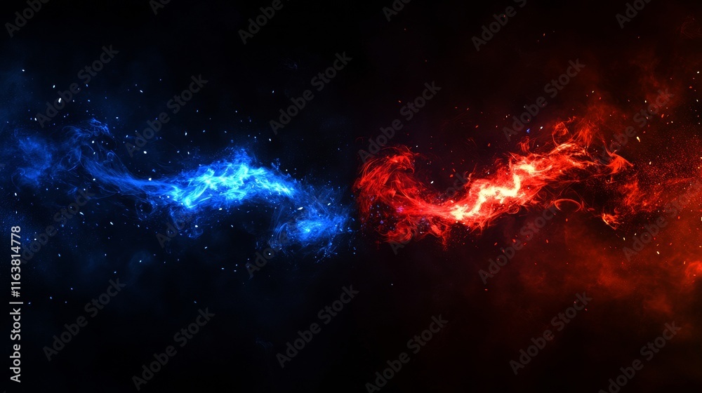 Blue vs red smoke effect black vector background. Abstract neon flame ...