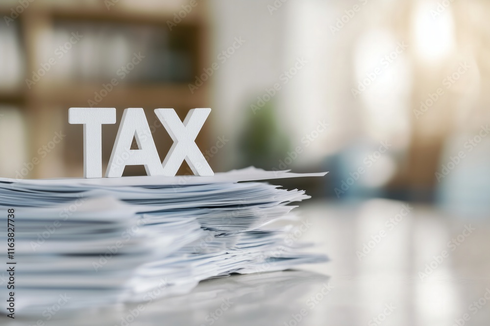 tax season concept modern office desk with piles of paperwork, on top ...