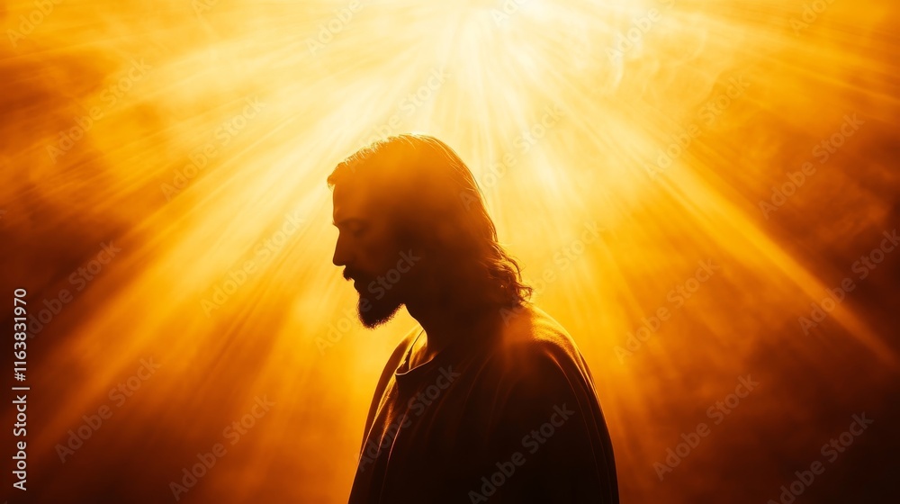 Silhouette of jesus christ surrounded by radiant light representing the ...