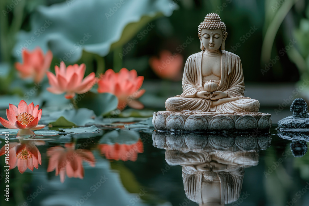 Buddha statue meditating with lotus flowers and reflection in water ...
