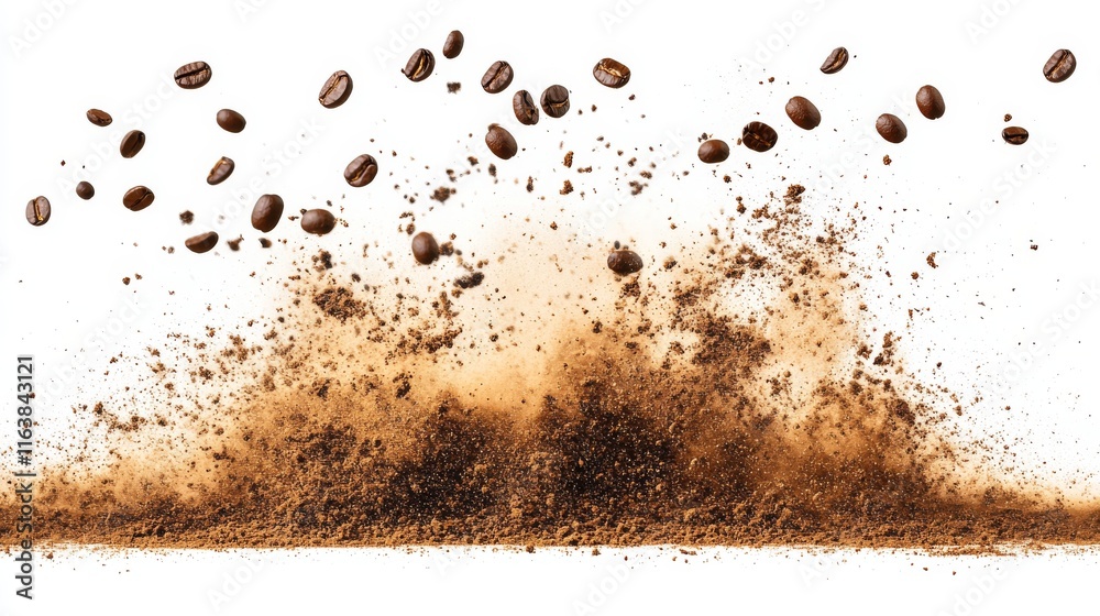 Coffee beans explosion, ground arabica powder with particles. Vector ...