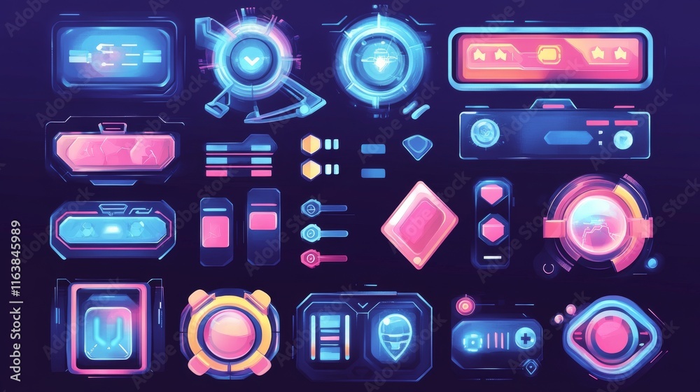 Game buttons and frames in sci fi style. Design elements, menu and assets for user interface ...