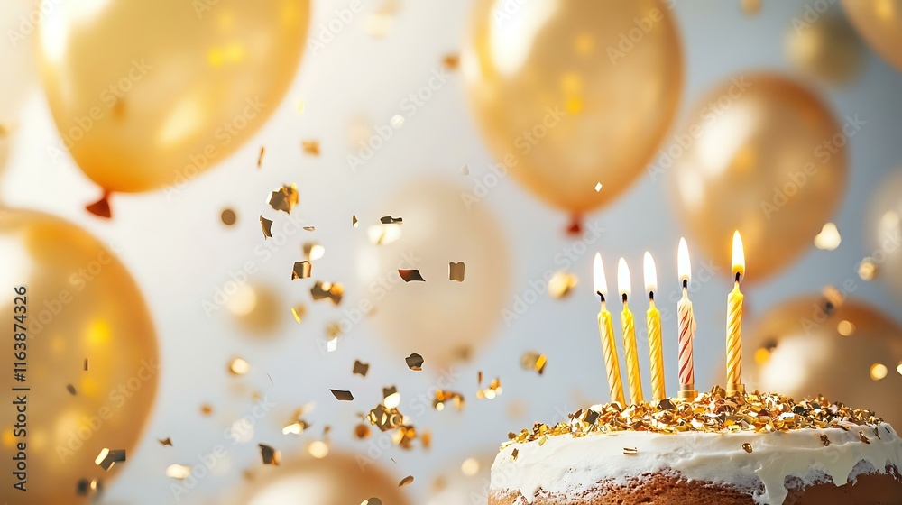 A cheerful birthday gathering featuring golden balloons, cake candles ...