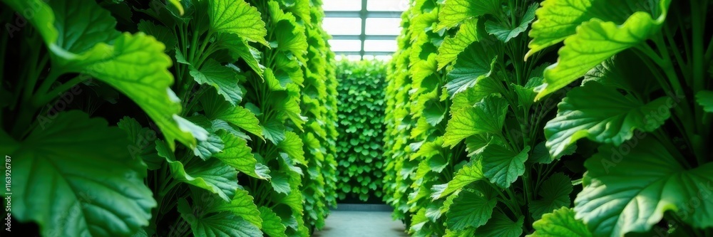 Towering green walls of leafy plants in a vertical farm , climate ...