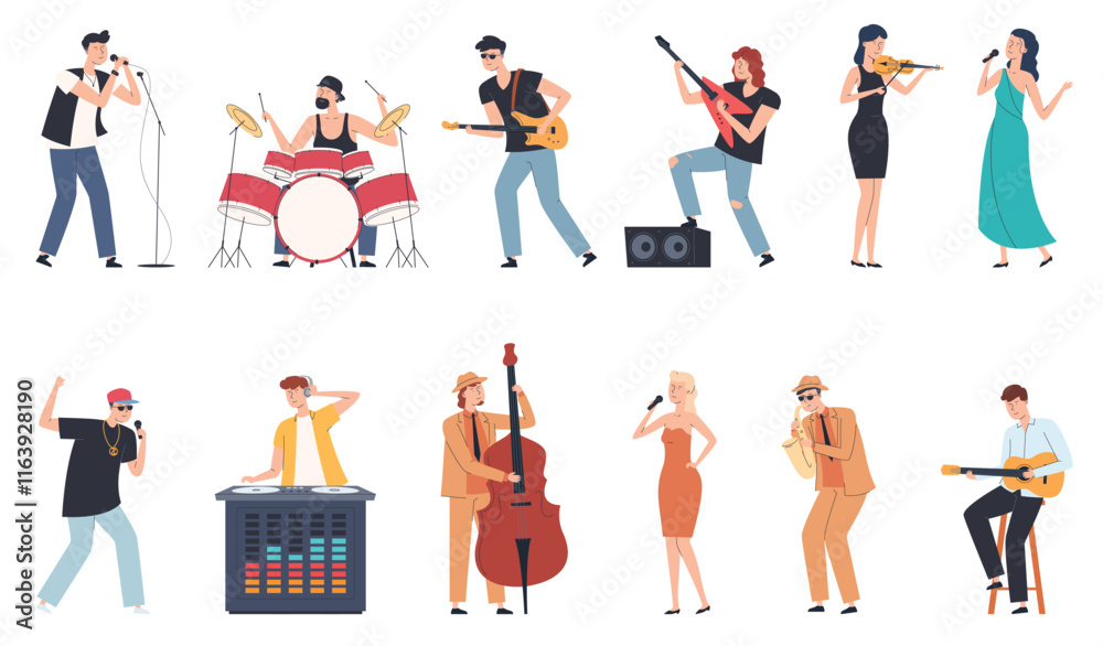 Musicians and singers. Different styles of music. People playing ...