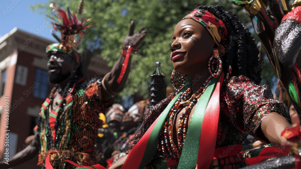 Juneteentn parade float, performers in traditional African attire, with ...