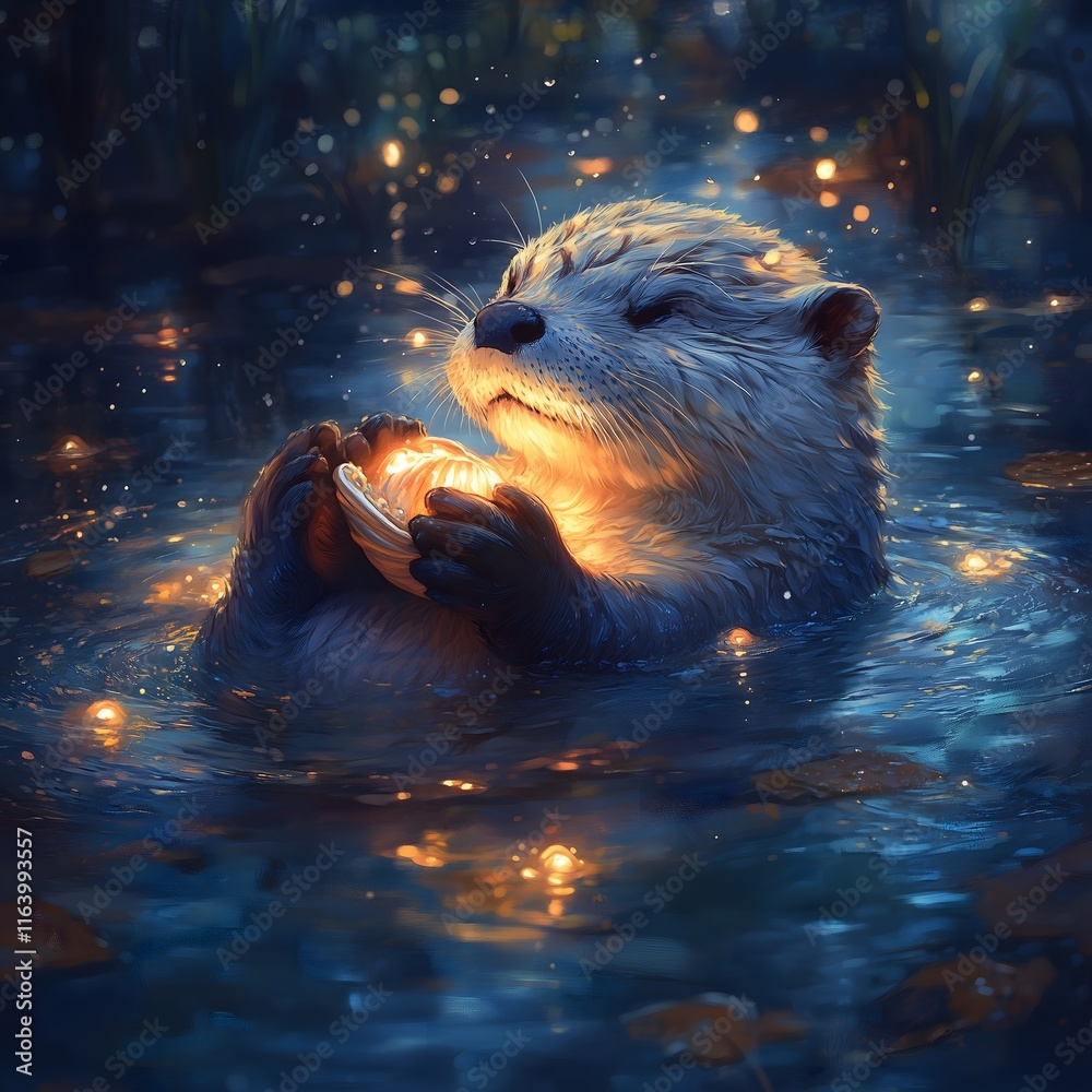 otter floating on its back in sparkling water under a starry sky ...