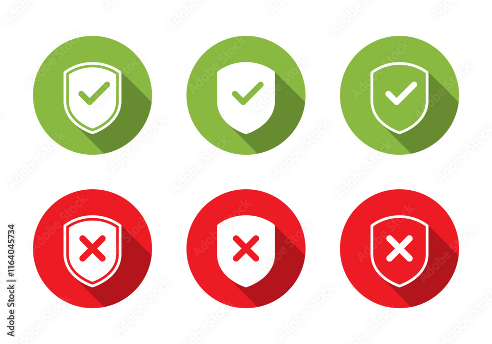 Shield with check cross mark icon set with long shadow. Security ...