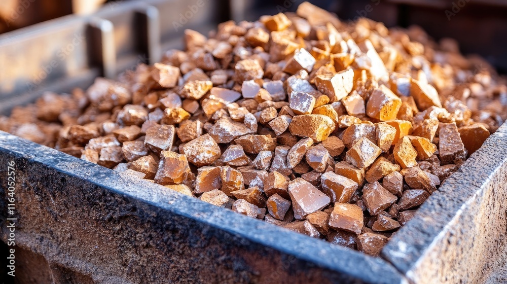 Bauxite raw material consisting of crushed aluminium ore stacked in a ...