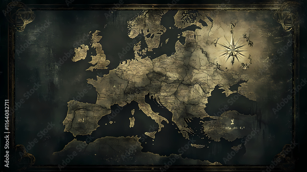 A dark, gothic map of europe with old-style fonts, mysterious markings ...