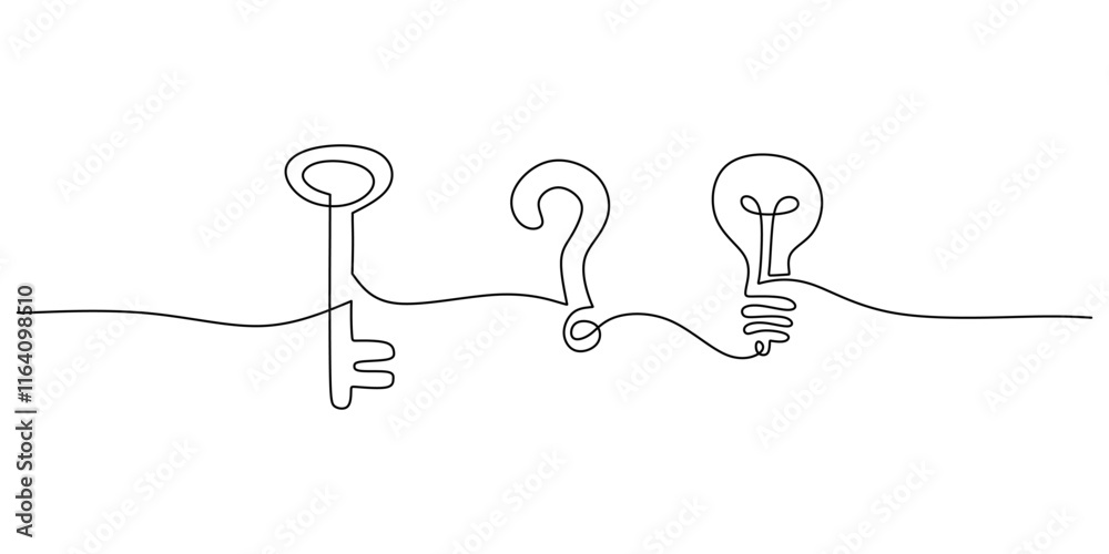 One line drawing of a key, question mark, and light bulb, reflecting problem solving and ...