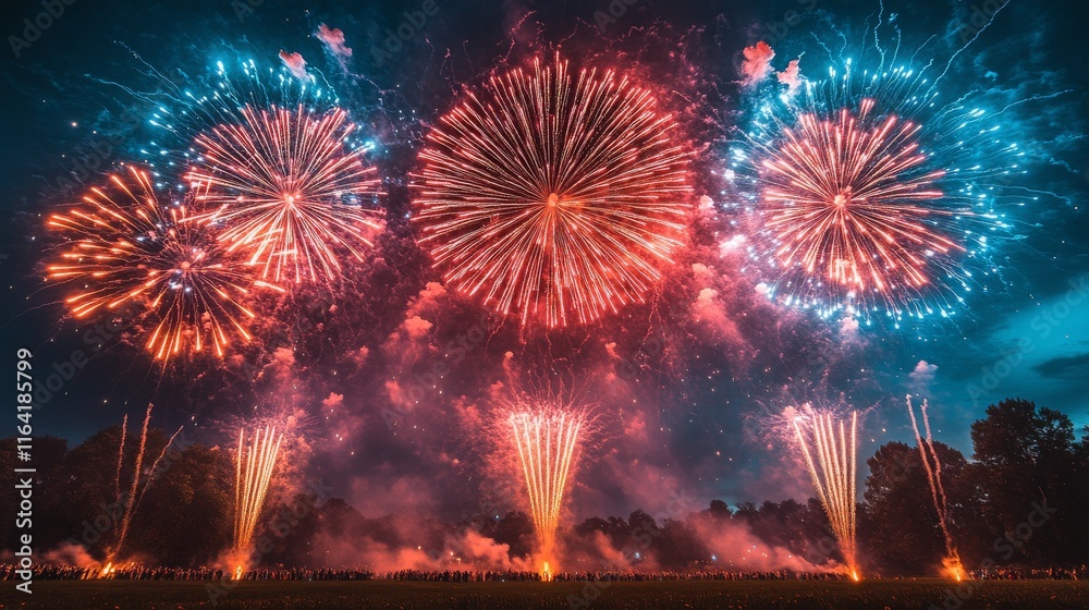 Vibrant fireworks display exploding in the night sky over a crowd ...