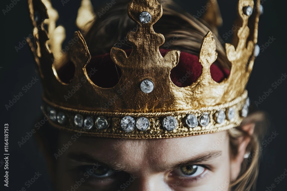 A close-up of a crowned figure exuding power and intensity with a ...