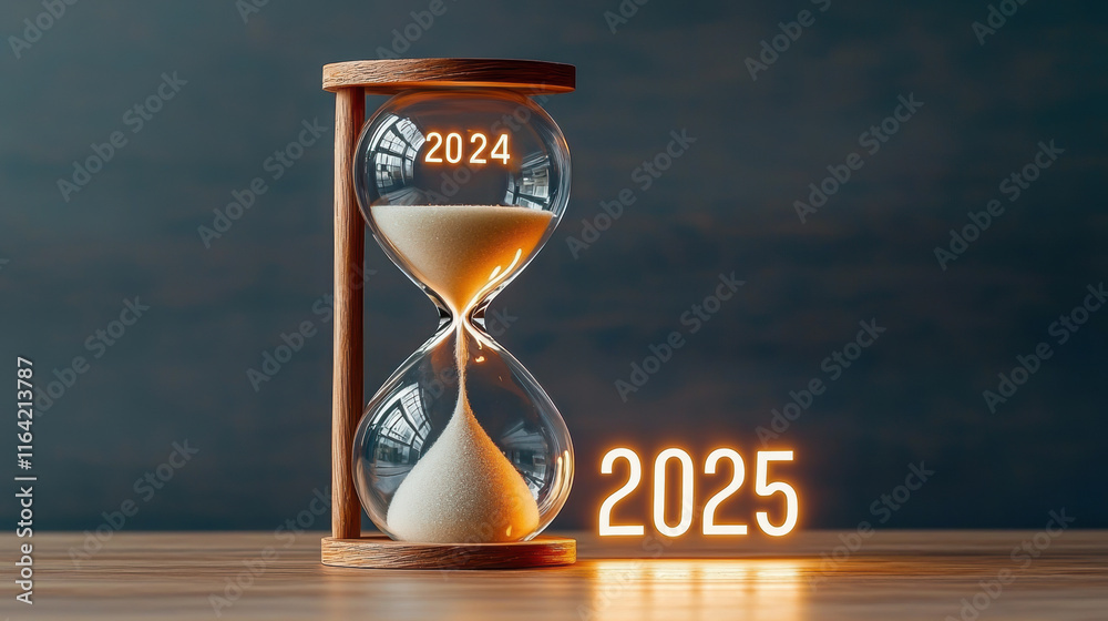 Hope and celebration for 2025 a stylized hourglass signifying goodbye ...