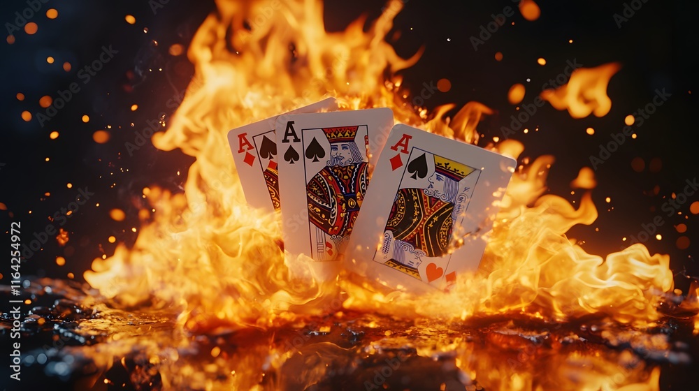 Explosive Scene of Realistic Playing Cards Engulfed in Flames on a ...