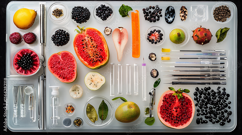 Tropical fruits arranged on lab mat, showcasing preservation techniques ...