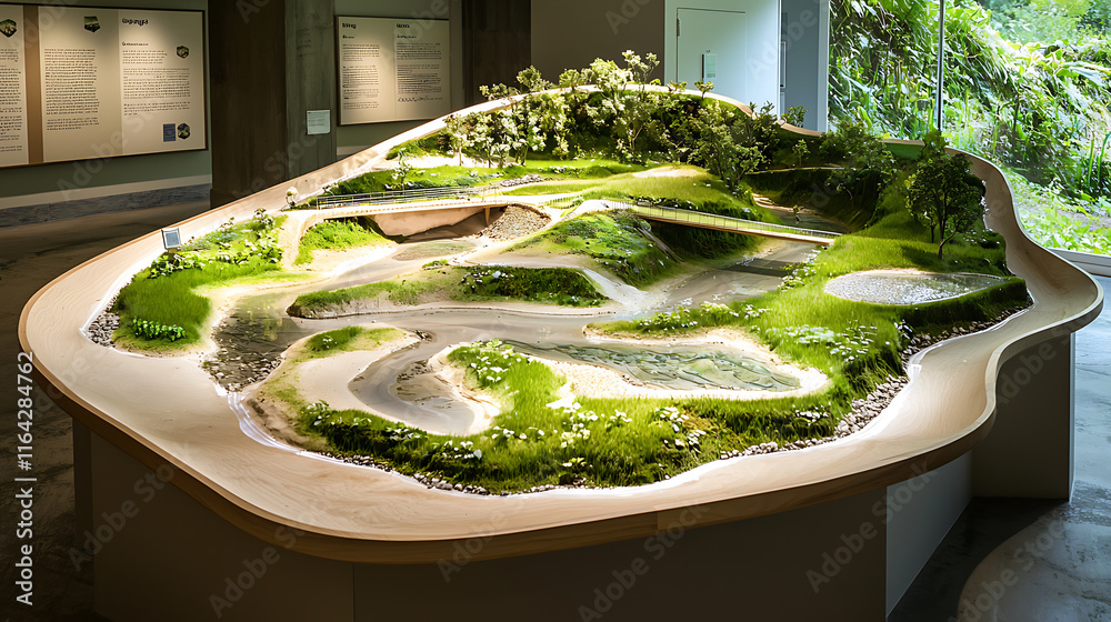 detailed model of natural landscape featuring flowing water, greenery ...