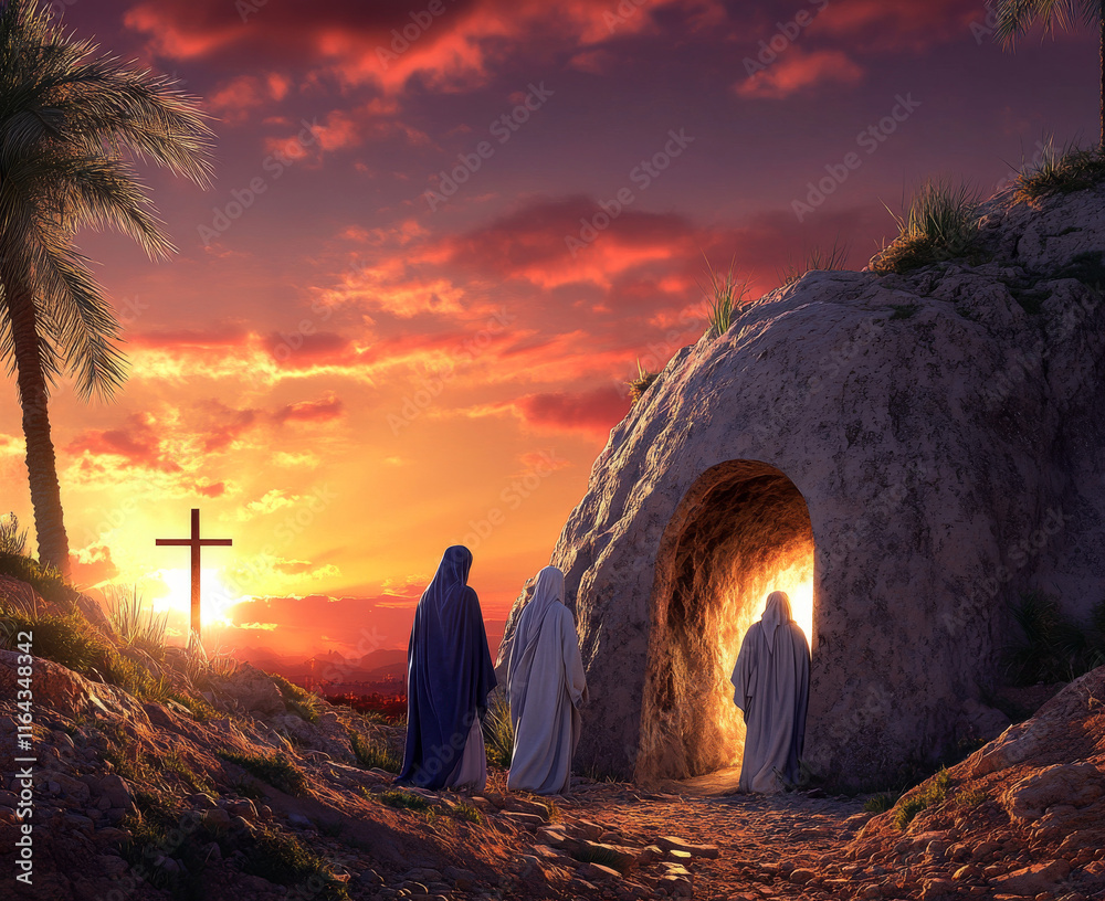 An empty tomb in the rock against the background of dawn, symbolizing ...