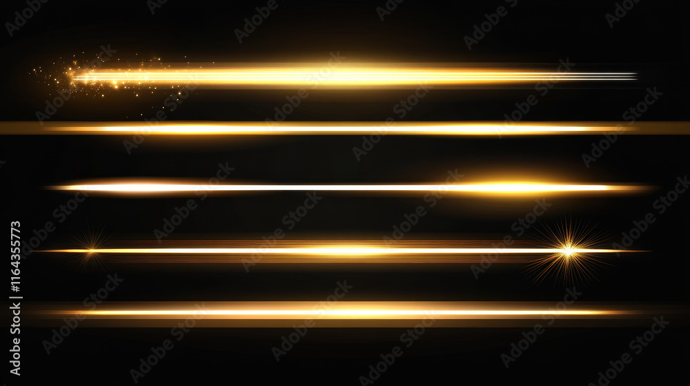 Horizontal golden light line with fade effect. Realistic vector illustration set of glow flare ...