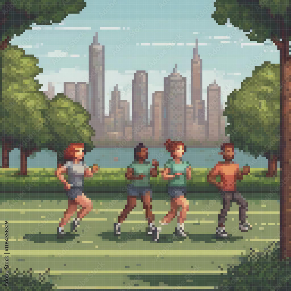 Pixel art depicting a vibrant group of runners amidst a lush park, with ...