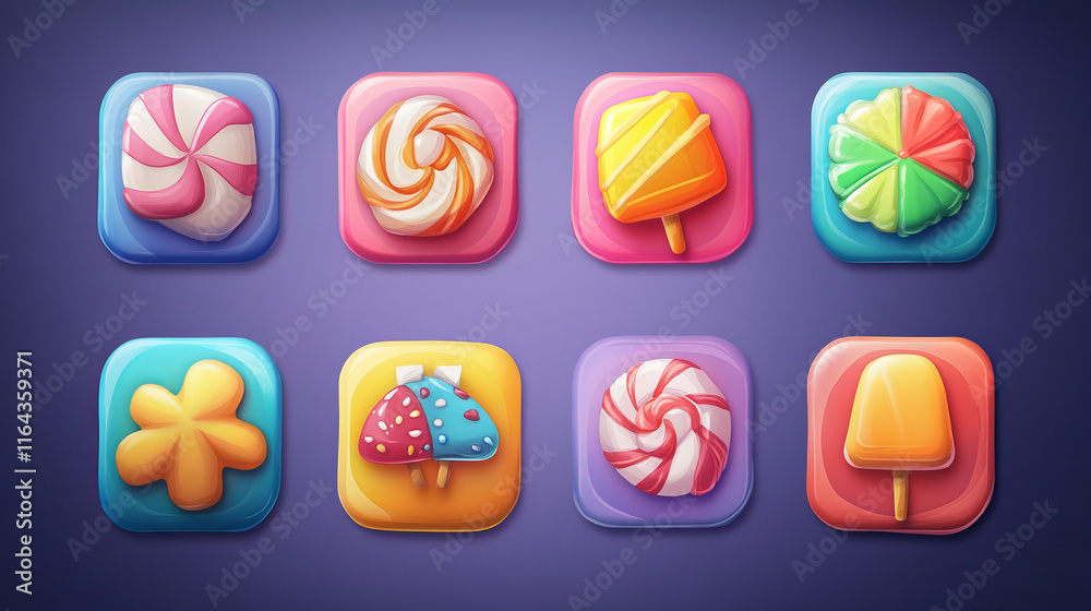 Set of candy app icons, game ui square buttons, cartoon lollipop menu ...