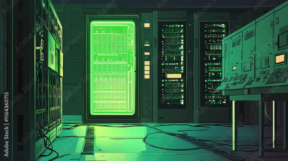 Data center interior with green glow supercomputer and control panel in ...