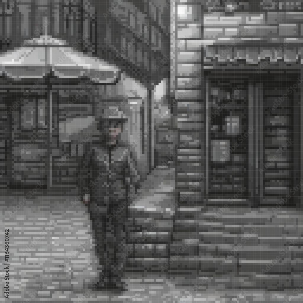 Pixel art depicts a man strolling on a cobblestone pathway, sheltered ...