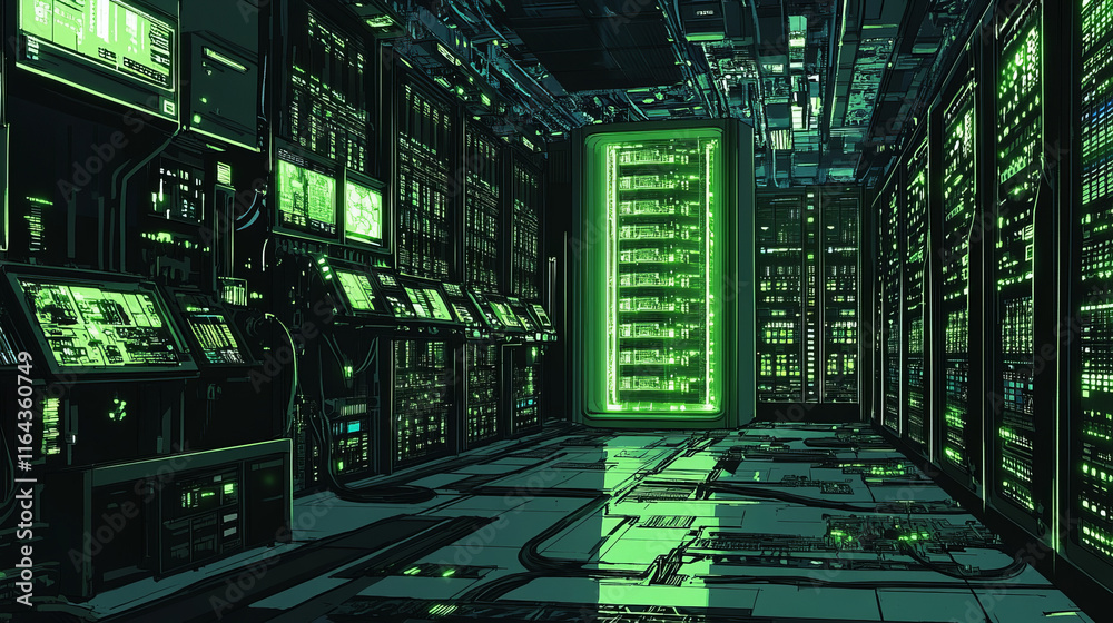 Data center interior with green glow supercomputer and control panel in ...