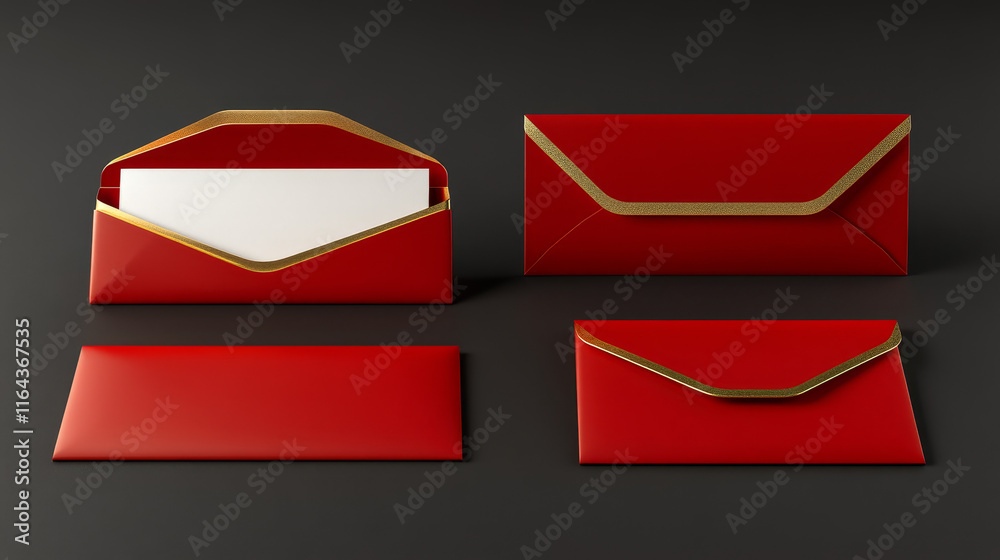 Red envelopes template set. Blank closed and open paper covers, festive ...