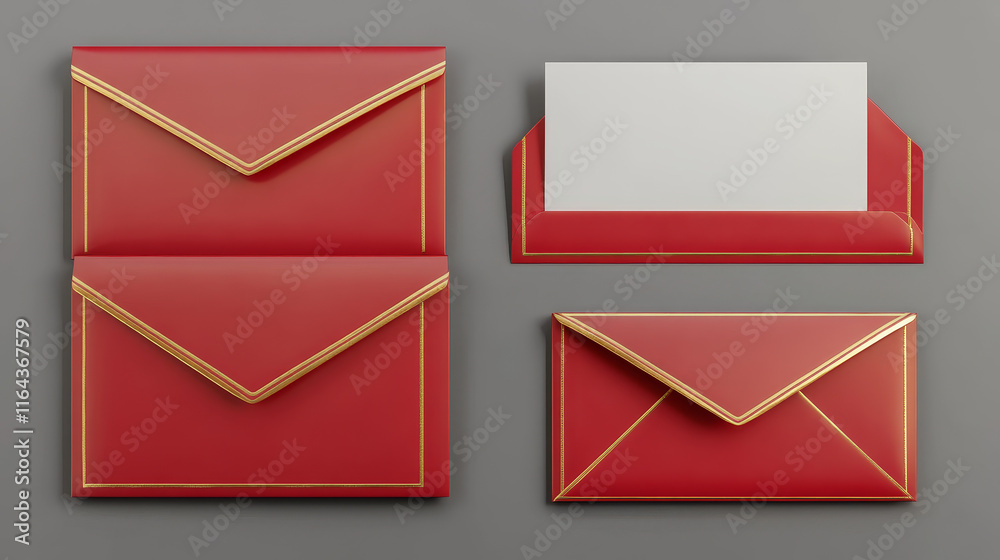 Red envelopes template set. Blank closed and open paper covers, festive ...
