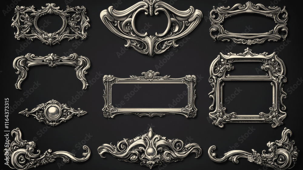 Square ui game frames, medieval silver borders. Textured ornate gui elements with curve ...