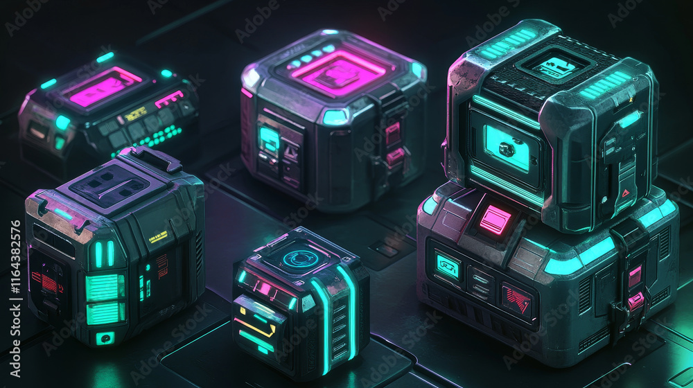 Game futuristic boxes, future technology chests. Icons of sci-fi ...