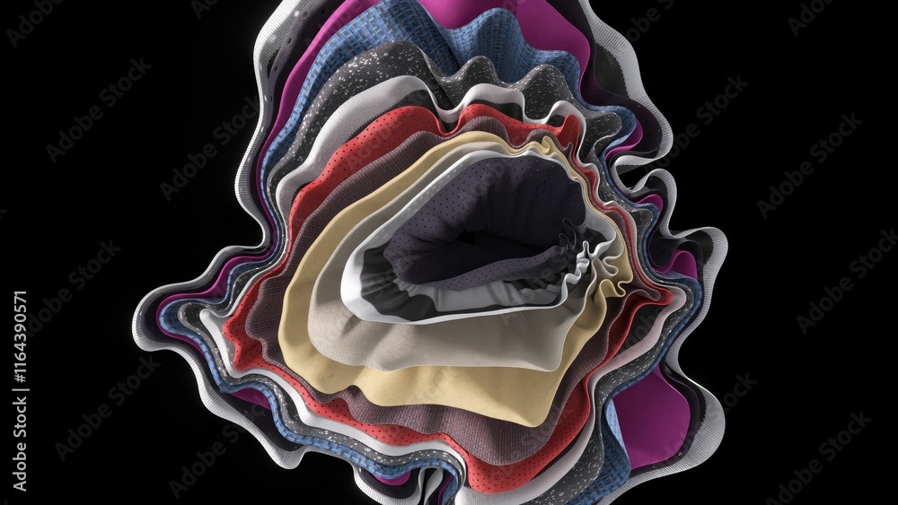 Multiple layers of colorful fabrics are waving and creating concentric ...