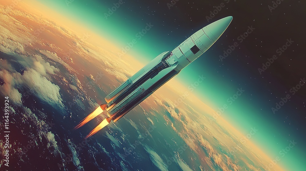 gradient-rich digital illustration of rocket soaring above earth with softly blurred atmospheric ...