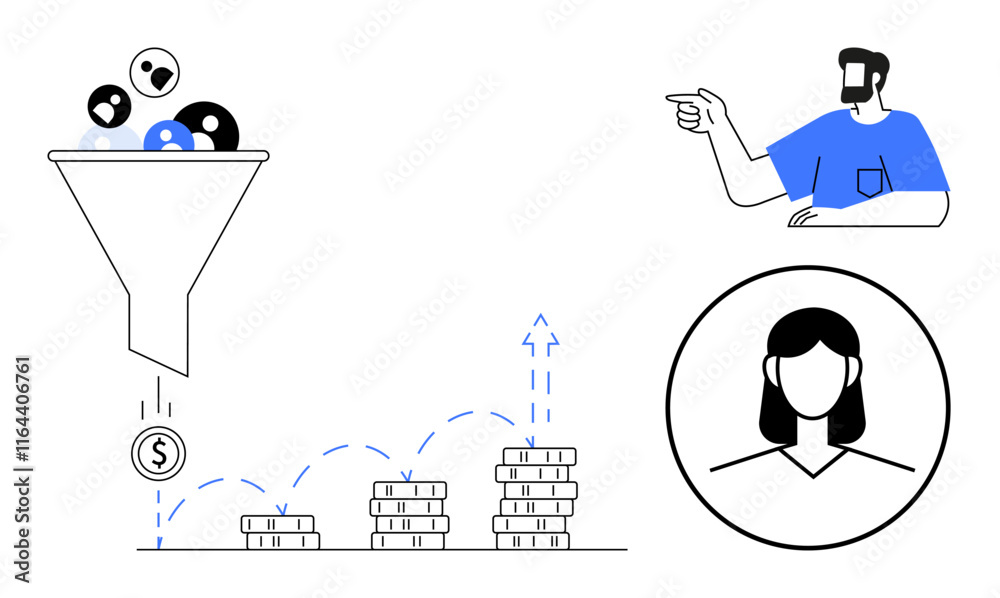 Funnel with user avatars leading to a dollar sign, indicating ...